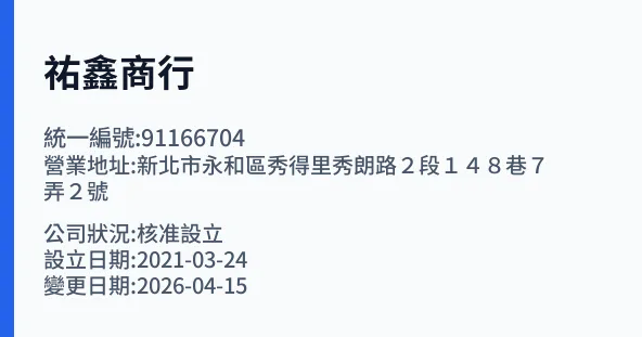 祐鑫商行的照片-統編 91166704(新北市) 公司登記資料與營業項目詳細圖表