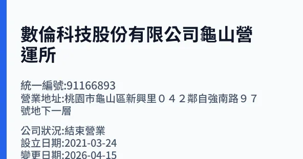 數倫科技股份有限公司龜山營運所的照片-統編 91166893(桃園市) 公司登記資料與營業項目詳細圖表