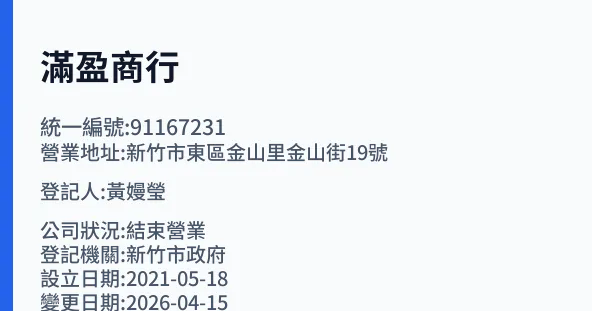 滿盈商行的照片-統編 91167231(新竹市) 公司登記資料與營業項目詳細圖表
