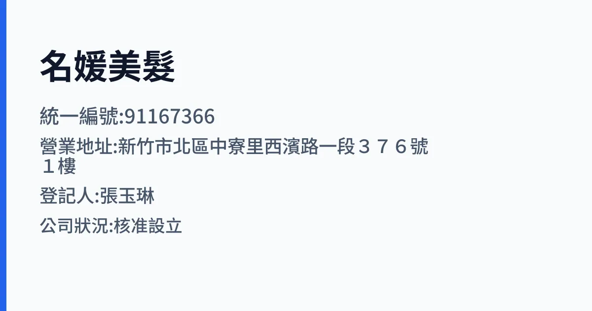名媛美髮 - 統編 91167366(新竹市) 公司登記資料與營業項目詳細圖表