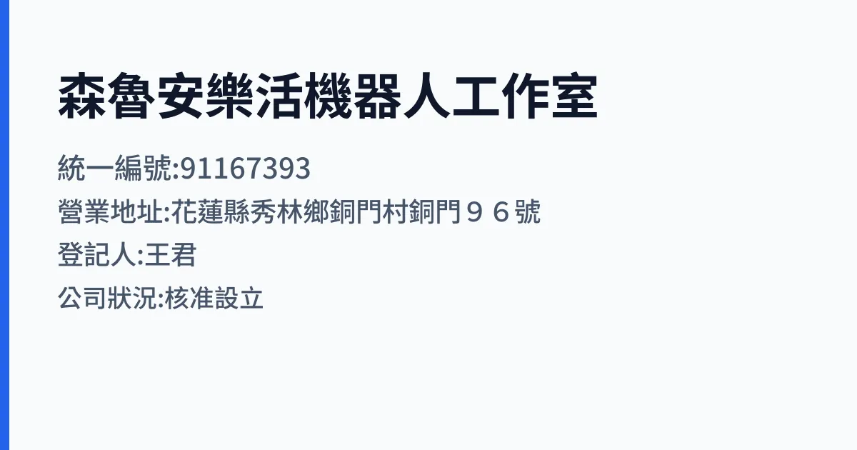 森魯安樂活機器人工作室 - 統編 91167393（花蓮縣） 公司登記資料與營業項目詳細圖表