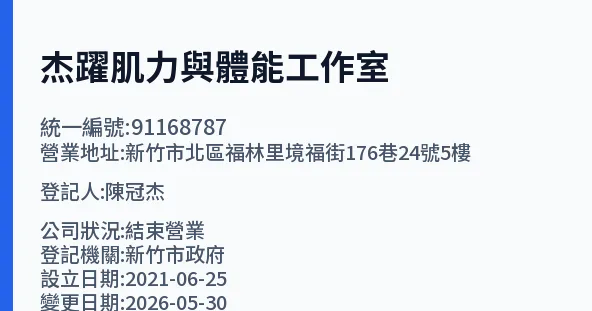杰躍肌力與體能工作室的照片-統編 91168787(新竹市) 公司登記資料與營業項目詳細圖表