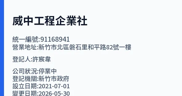 威中工程企業社的照片-統編 91168941(新竹市) 公司登記資料與營業項目詳細圖表