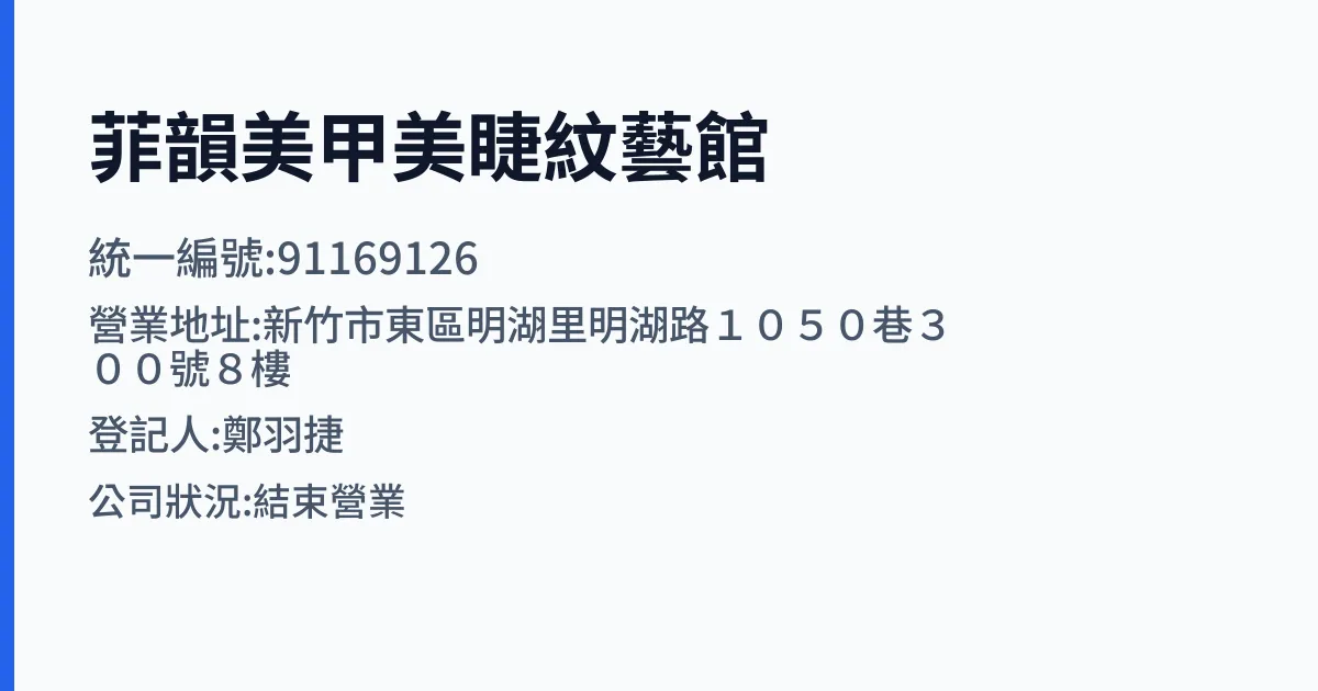 菲韻美甲美睫紋藝館 - 統編 91169126(新竹市) 公司登記資料與營業項目詳細圖表