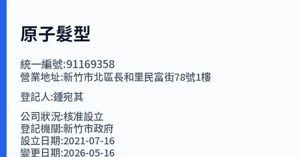 原子髮型的照片-統編 91169358(新竹市) 公司登記資料與營業項目詳細圖表