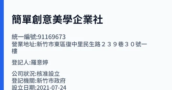 簡單創意美學企業社的照片-統編 91169673(新竹市) 公司登記資料與營業項目詳細圖表