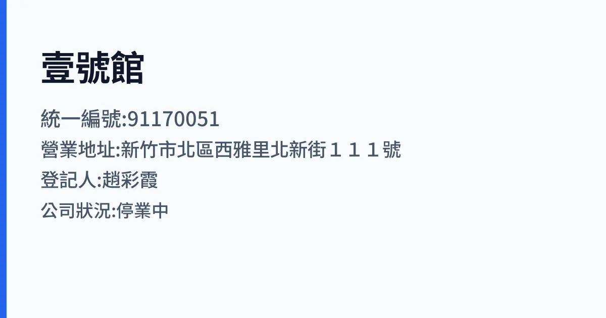 壹號館 - 統編 91170051(新竹市) 公司登記資料與營業項目詳細圖表