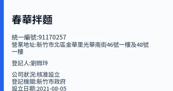 春華拌麵的照片-統編 91170257(新竹市) 公司登記資料與營業項目詳細圖表
