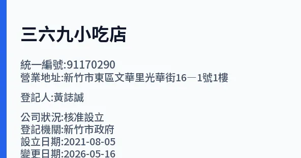 三六九小吃店的照片-統編 91170290(新竹市) 公司登記資料與營業項目詳細圖表