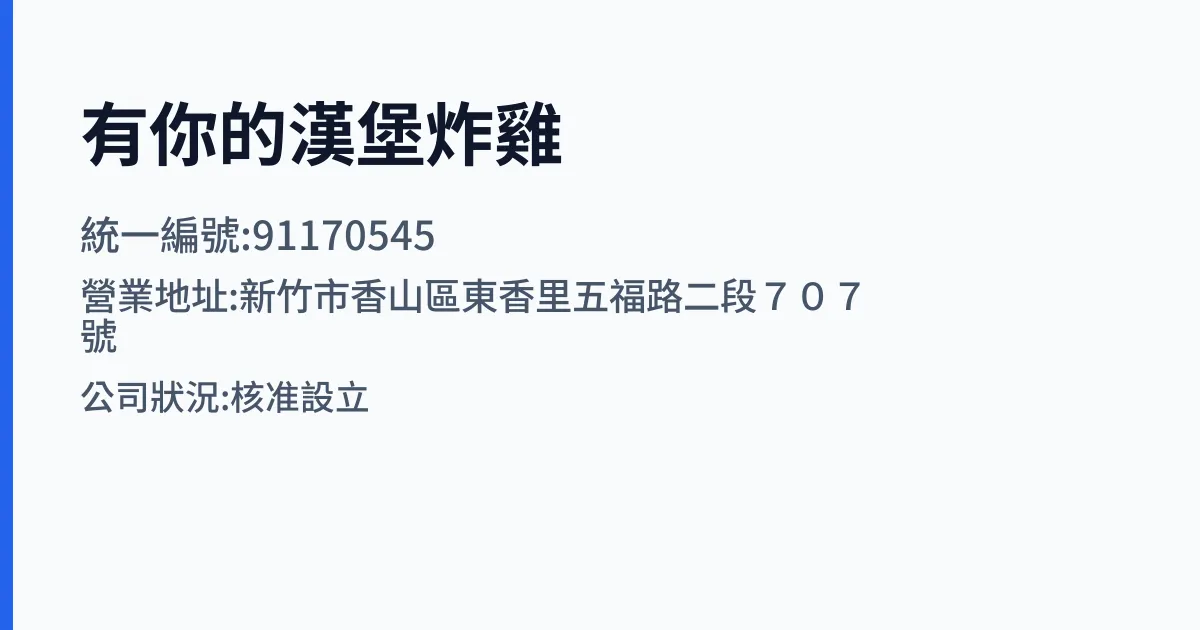 有你的漢堡炸雞 - 統編 91170545(新竹市) 公司登記資料與營業項目詳細圖表