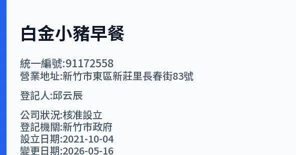 白金小豬早餐的照片-統編 91172558(新竹市) 公司登記資料與營業項目詳細圖表