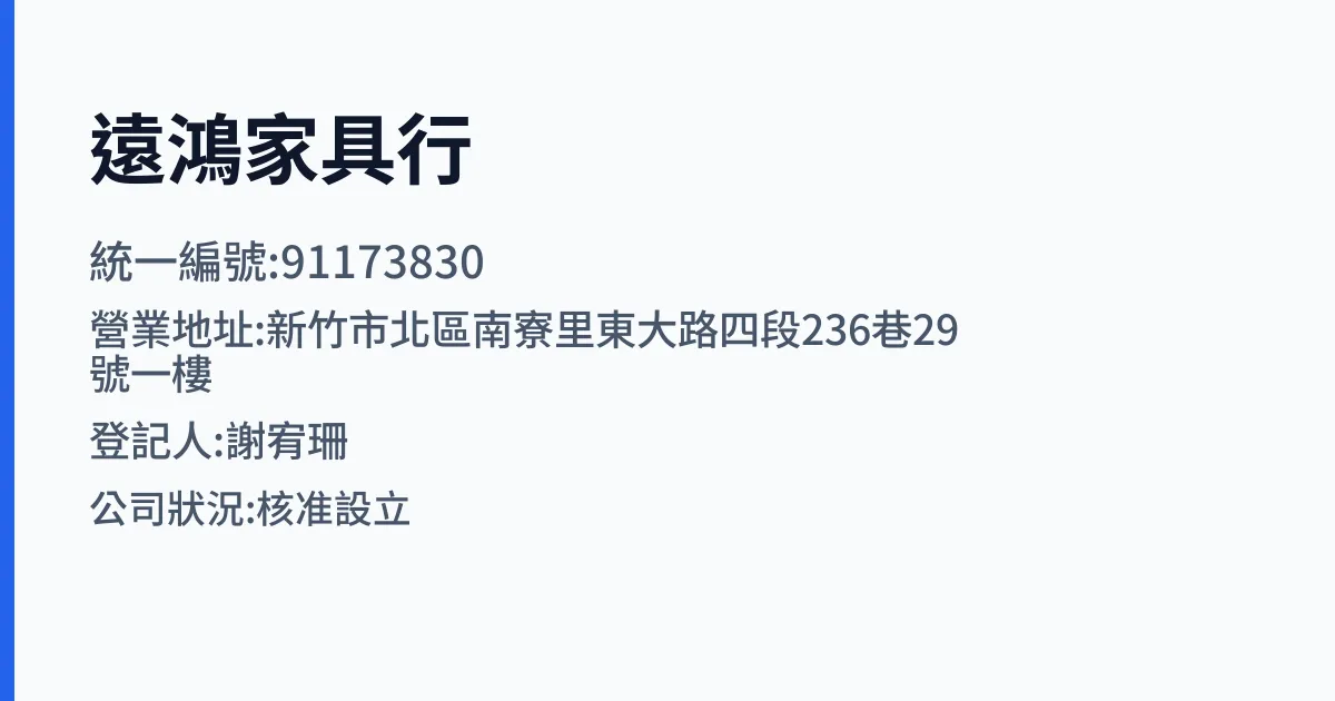 遠鴻家具行 - 統編 91173830(新竹市) 公司登記資料與營業項目詳細圖表