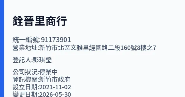 銓晉里商行的照片-統編 91173901(新竹市) 公司登記資料與營業項目詳細圖表