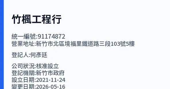 竹楓工程行的照片-統編 91174872(新竹市) 公司登記資料與營業項目詳細圖表
