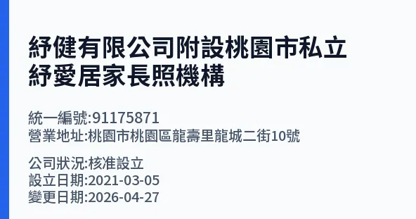 紓健有限公司附設桃園市私立紓愛居家長照機構的照片-統編 91175871(桃園市) 公司登記資料與營業項目詳細圖表