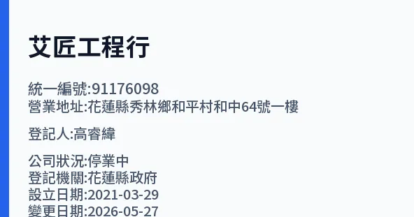 艾匠工程行的照片-統編 91176098(花蓮縣) 公司登記資料與營業項目詳細圖表