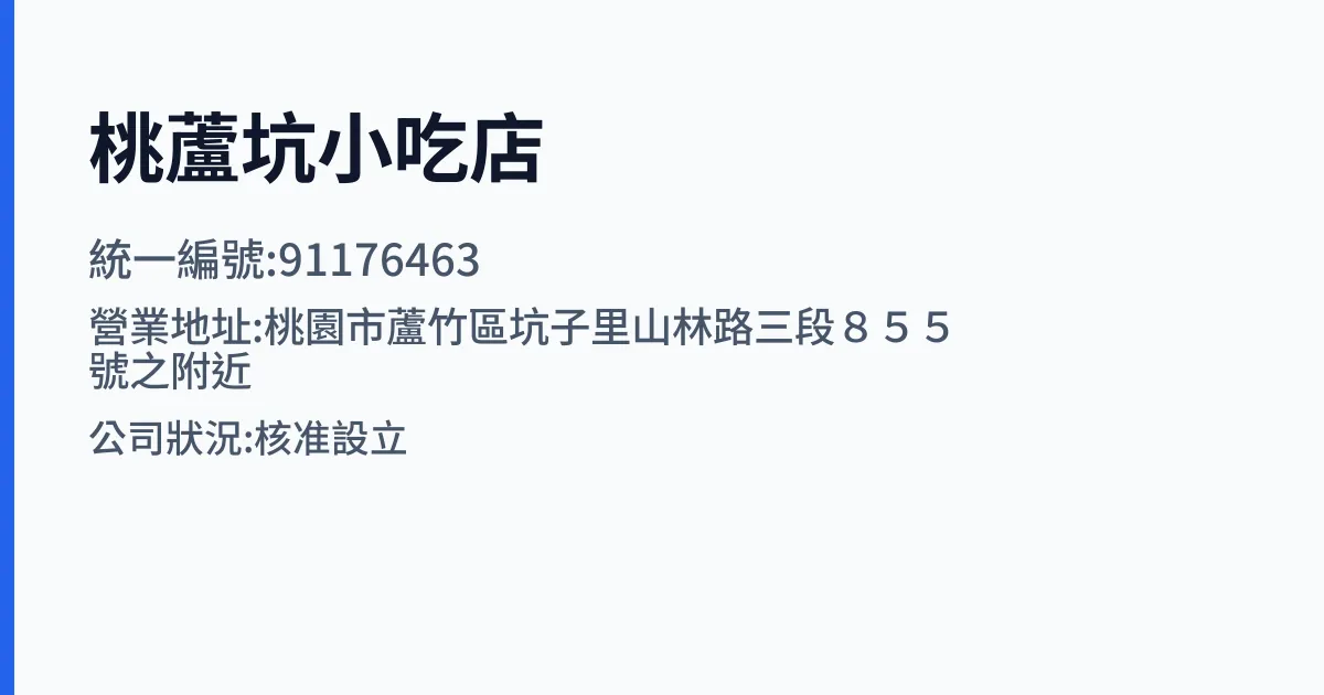 桃蘆坑小吃店 - 統編 91176463(桃園市) 公司登記資料與營業項目詳細圖表