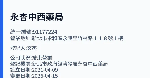 永杏中西藥局的照片-統編 91177224(新北市) 公司登記資料與營業項目詳細圖表