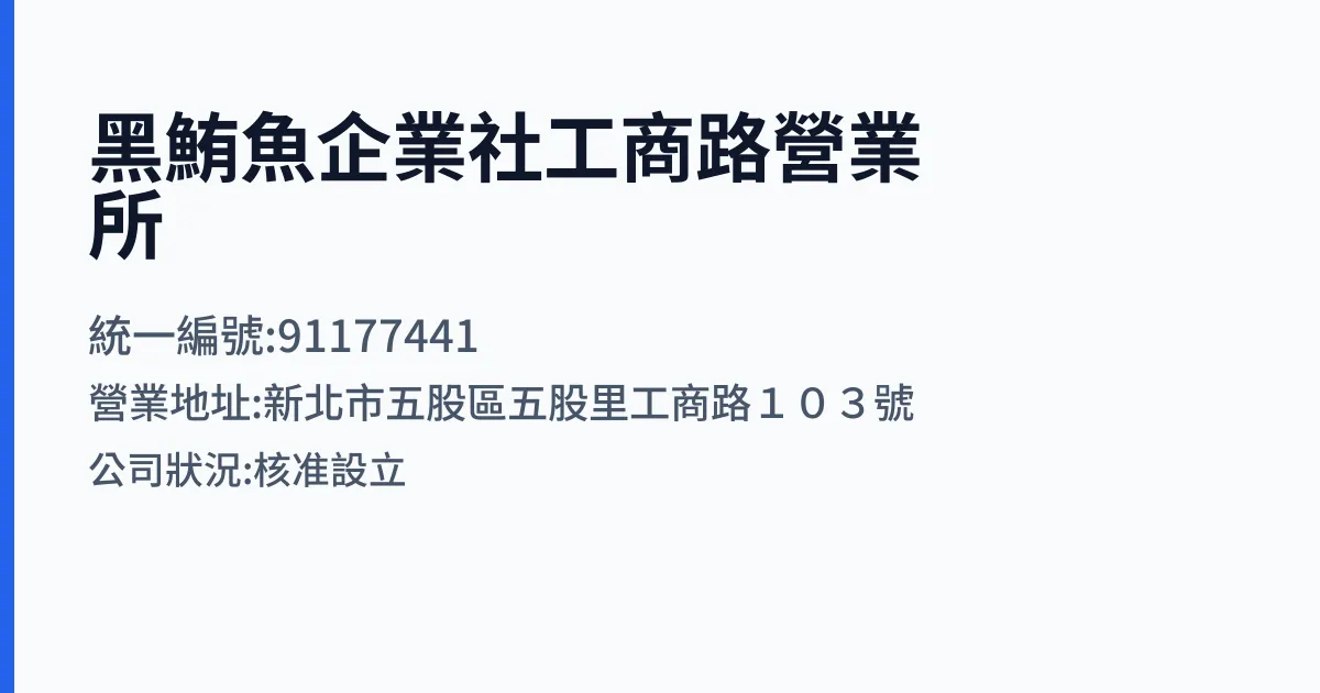 黑鮪魚企業社工商路營業所 - 統編 91177441(新北市) 公司登記資料與營業項目詳細圖表