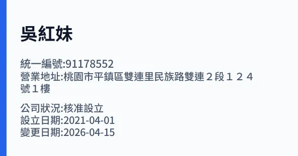吳紅妹的照片-統編 91178552(桃園市) 公司登記資料與營業項目詳細圖表