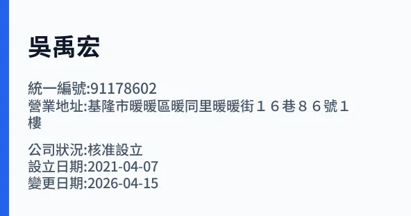 吳禹宏的照片-統編 91178602(基隆市) 公司登記資料與營業項目詳細圖表