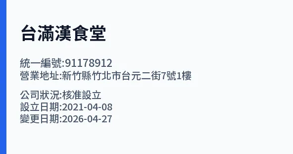 台滿漢食堂的照片-統編 91178912(新竹縣) 公司登記資料與營業項目詳細圖表