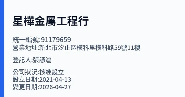 星樺金屬工程行的照片-統編 91179659(新北市) 公司登記資料與營業項目詳細圖表