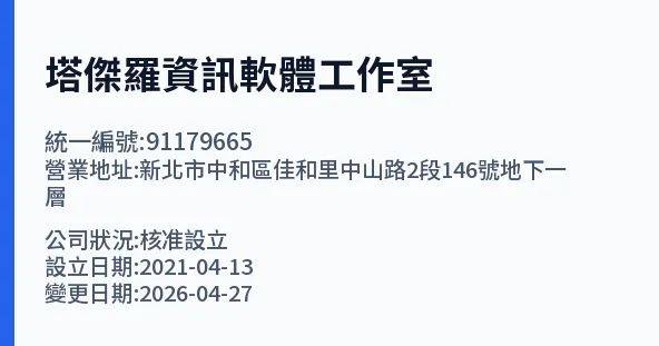 塔傑羅資訊軟體工作室的照片-統編 91179665(新北市) 公司登記資料與營業項目詳細圖表