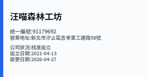 汪喵森林工坊的照片-統編 91179692(新北市) 公司登記資料與營業項目詳細圖表
