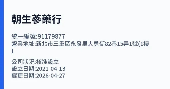 朝生蔘藥行的照片-統編 91179877(新北市) 公司登記資料與營業項目詳細圖表