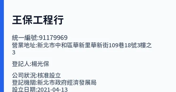 王保工程行的照片-統編 91179969(新北市) 公司登記資料與營業項目詳細圖表