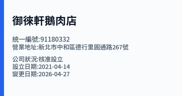 御徠軒鵝肉店的照片-統編 91180332(新北市) 公司登記資料與營業項目詳細圖表