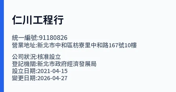 仁川工程行的照片-統編 91180826(新北市) 公司登記資料與營業項目詳細圖表