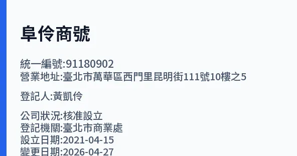 阜伶商號的照片-統編 91180902(臺北市) 公司登記資料與營業項目詳細圖表