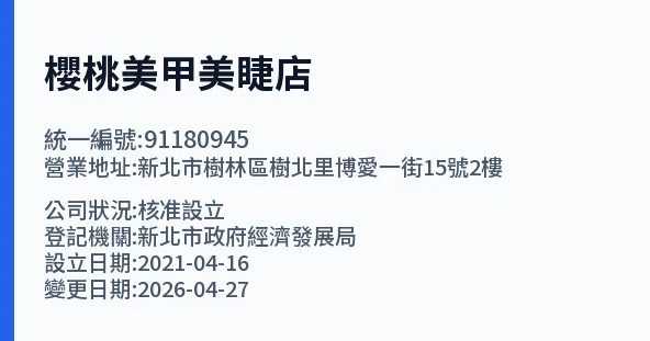 櫻桃美甲美睫店的照片-統編 91180945(新北市) 公司登記資料與營業項目詳細圖表