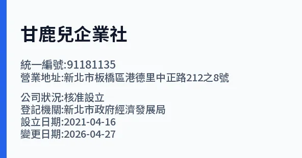 甘鹿兒企業社的照片-統編 91181135(新北市) 公司登記資料與營業項目詳細圖表