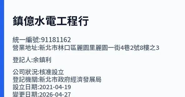 鎮億水電工程行的照片-統編 91181162(新北市) 公司登記資料與營業項目詳細圖表