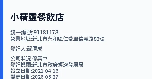 小精靈餐飲店的照片-統編 91181178(新北市) 公司登記資料與營業項目詳細圖表