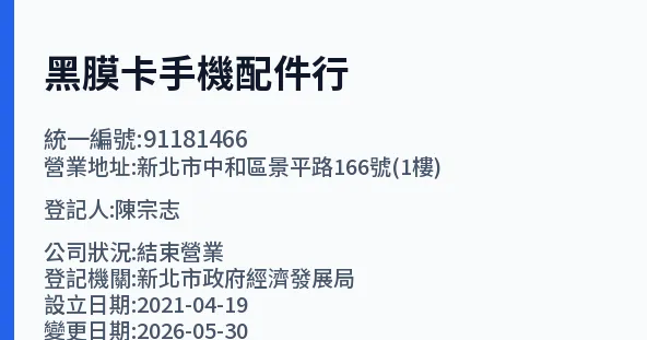 黑膜卡手機配件行的照片-統編 91181466(新北市) 公司登記資料與營業項目詳細圖表