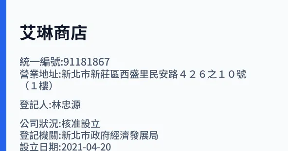 艾琳商店的照片-統編 91181867(新北市) 公司登記資料與營業項目詳細圖表