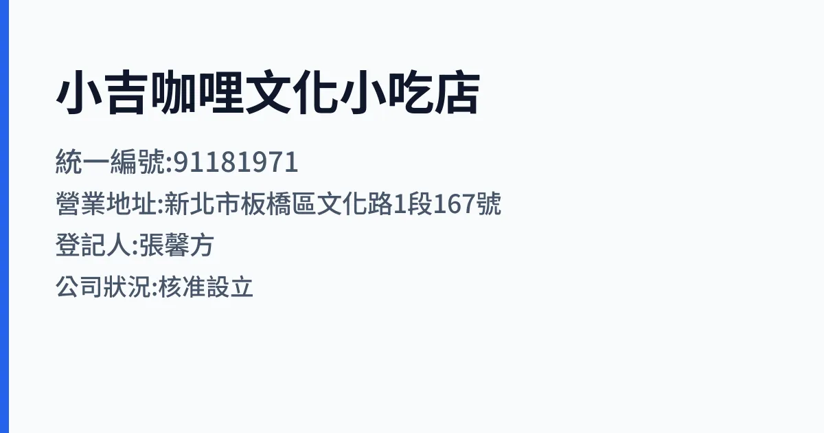 小吉咖哩文化小吃店 - 統編 91181971(新北市) 公司登記資料與營業項目詳細圖表