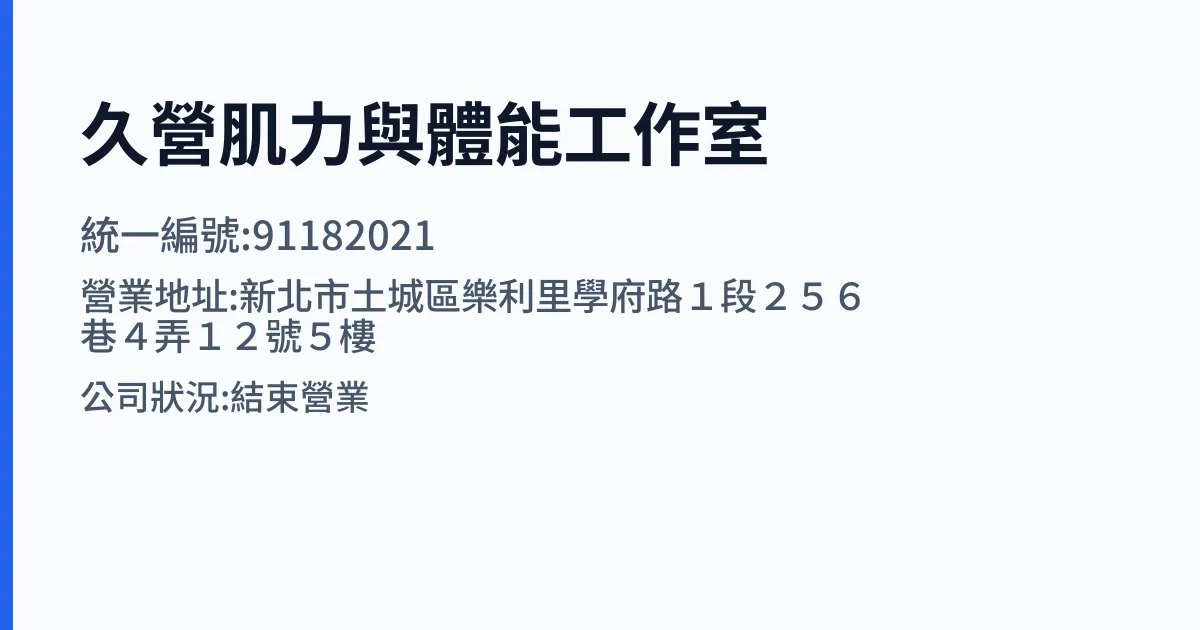 久營肌力與體能工作室 - 統編 91182021(新北市) 公司登記資料與營業項目詳細圖表