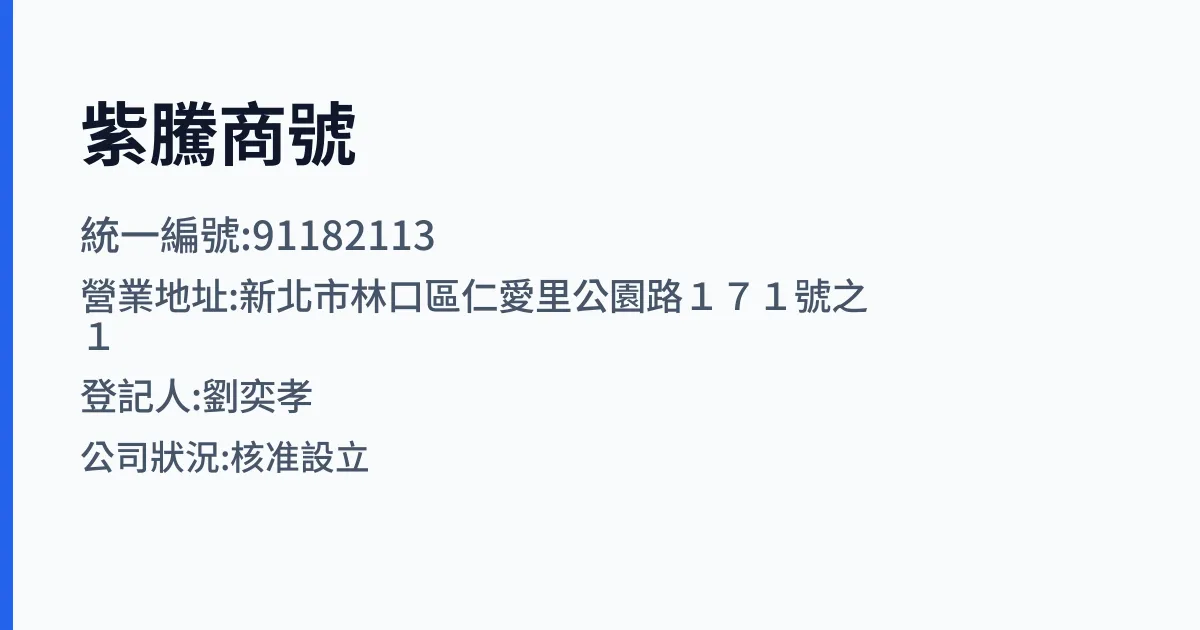 紫騰商號 - 統編 91182113(新北市) 公司登記資料與營業項目詳細圖表