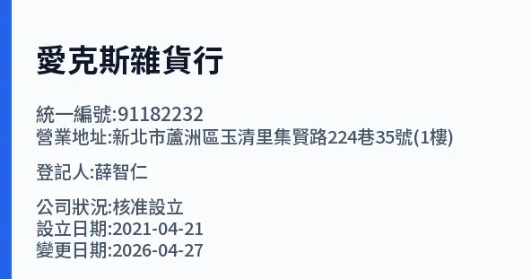 愛克斯雜貨行的照片-統編 91182232(新北市) 公司登記資料與營業項目詳細圖表
