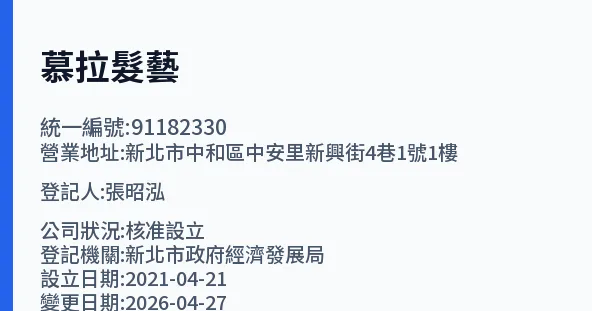 慕拉髮藝的照片-統編 91182330(新北市) 公司登記資料與營業項目詳細圖表