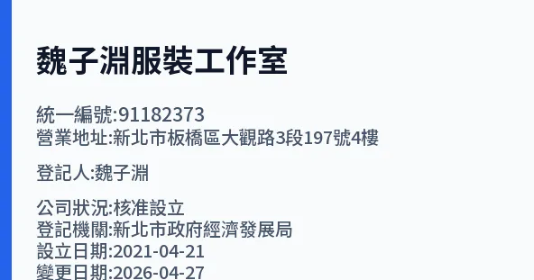 魏子淵服裝工作室的照片-統編 91182373(新北市) 公司登記資料與營業項目詳細圖表