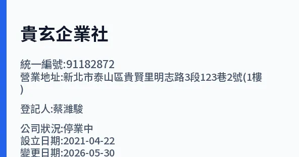 貴玄企業社的照片-統編 91182872(新北市) 公司登記資料與營業項目詳細圖表