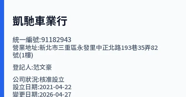 凱馳車業行的照片-統編 91182943(新北市) 公司登記資料與營業項目詳細圖表