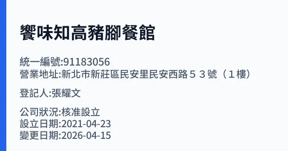 饗味知高豬腳餐館的照片-統編 91183056(新北市) 公司登記資料與營業項目詳細圖表