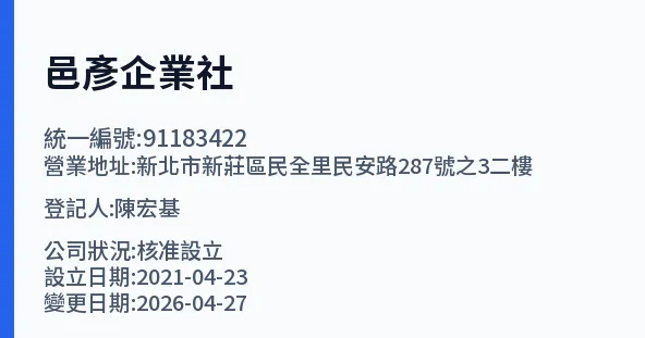 邑彥企業社的照片-統編 91183422(新北市) 公司登記資料與營業項目詳細圖表